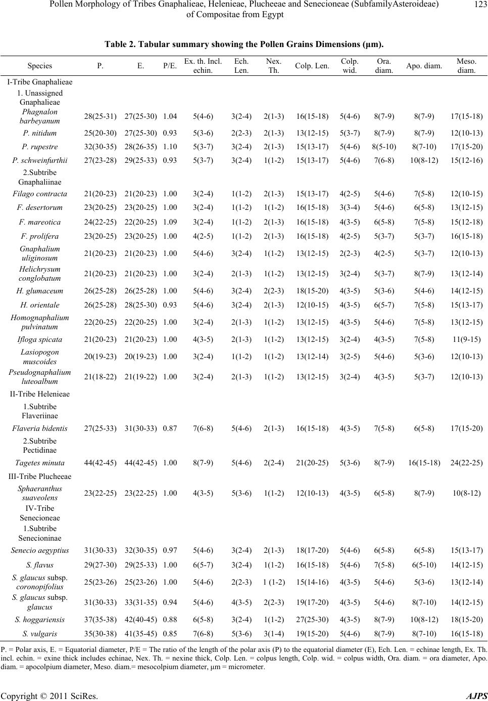 Pollen Morphology of Tribes Gnaphalieae, Helenieae, Plucheeae and ...