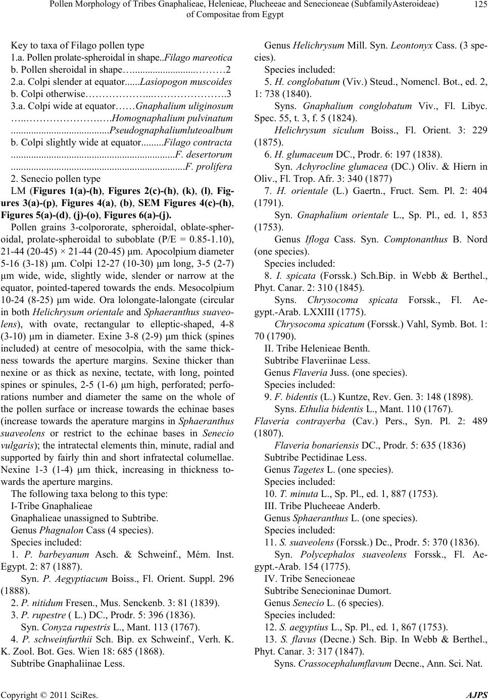 Pollen Morphology of Tribes Gnaphalieae, Helenieae, Plucheeae and ...
