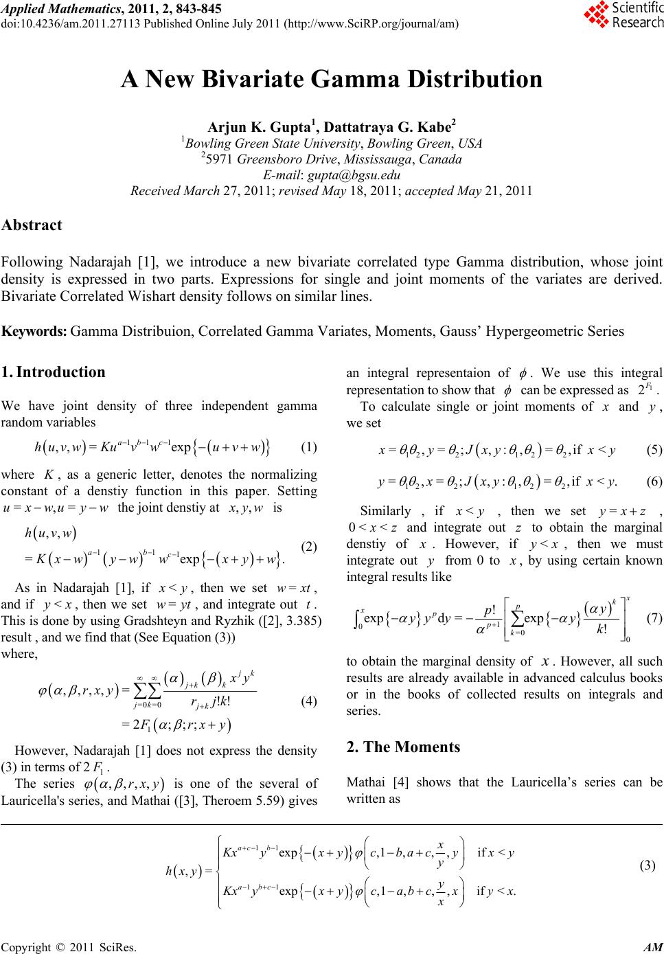 Xjxy A New Bivariate Gamma Distribution