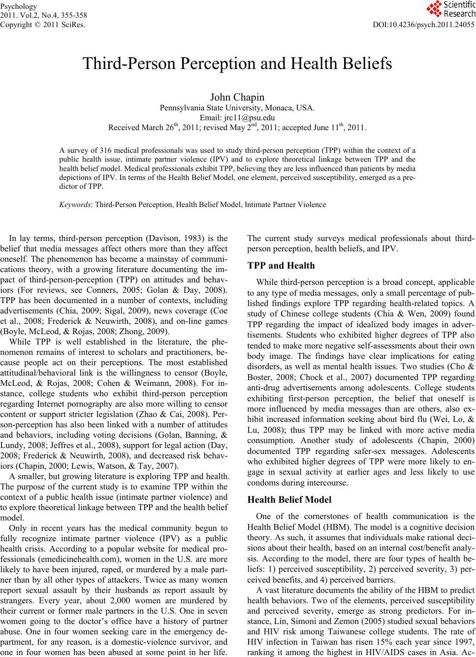 Third-Person Perception and Health Beliefs