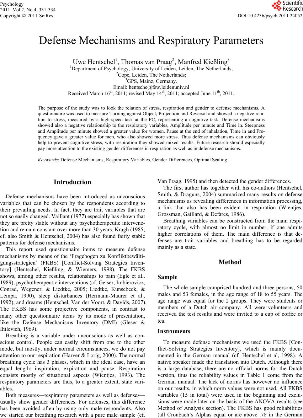 Defense Mechanisms and Respiratory Parameters