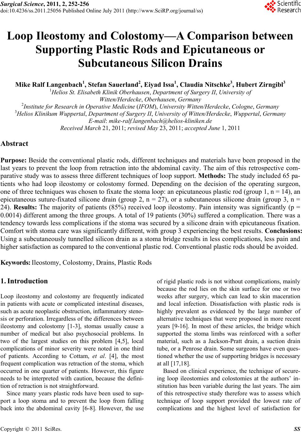 Loop Ileostomy and Colostomy—A Comparison between Supporting Plastic ...