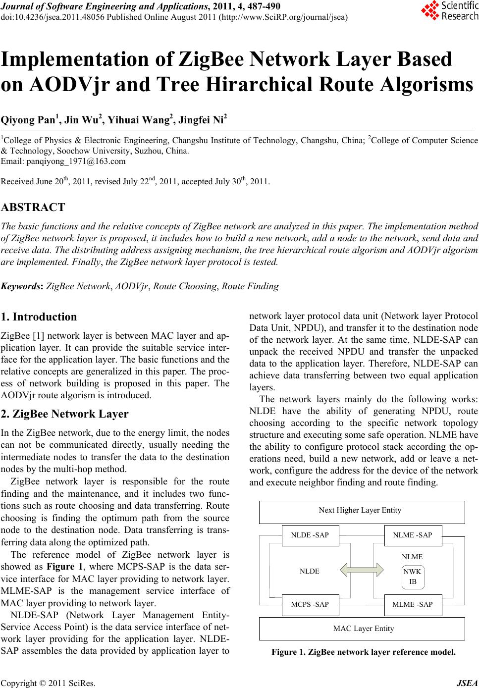 Implementation of ZigBee Network Layer Based on AODVjr and Tree Hirarchical Route Algorisms