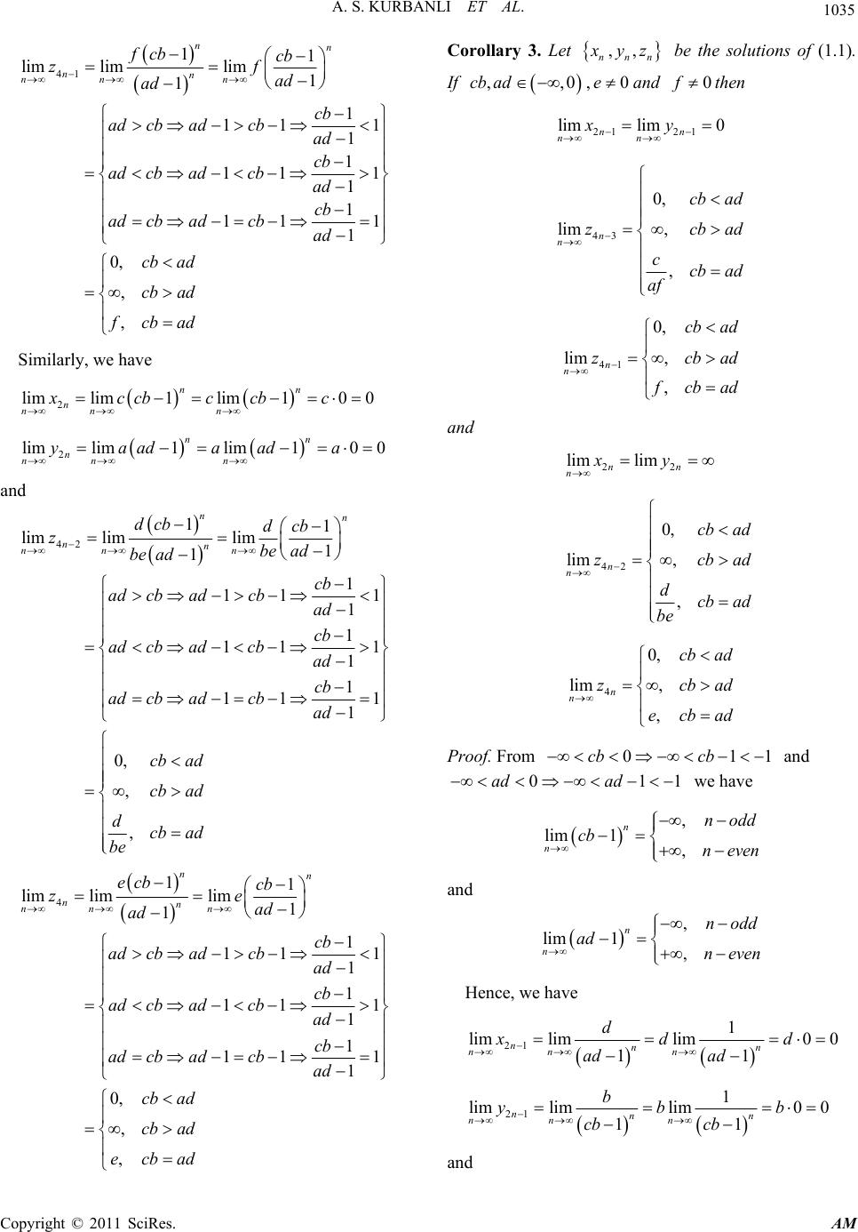 On the Behavior of Solutions of the System of Rational Difference ...