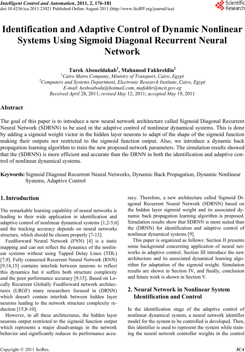 Identification and Adaptive Control of Dynamic Nonlinear Systems Using Sigmoid Diagonal ...