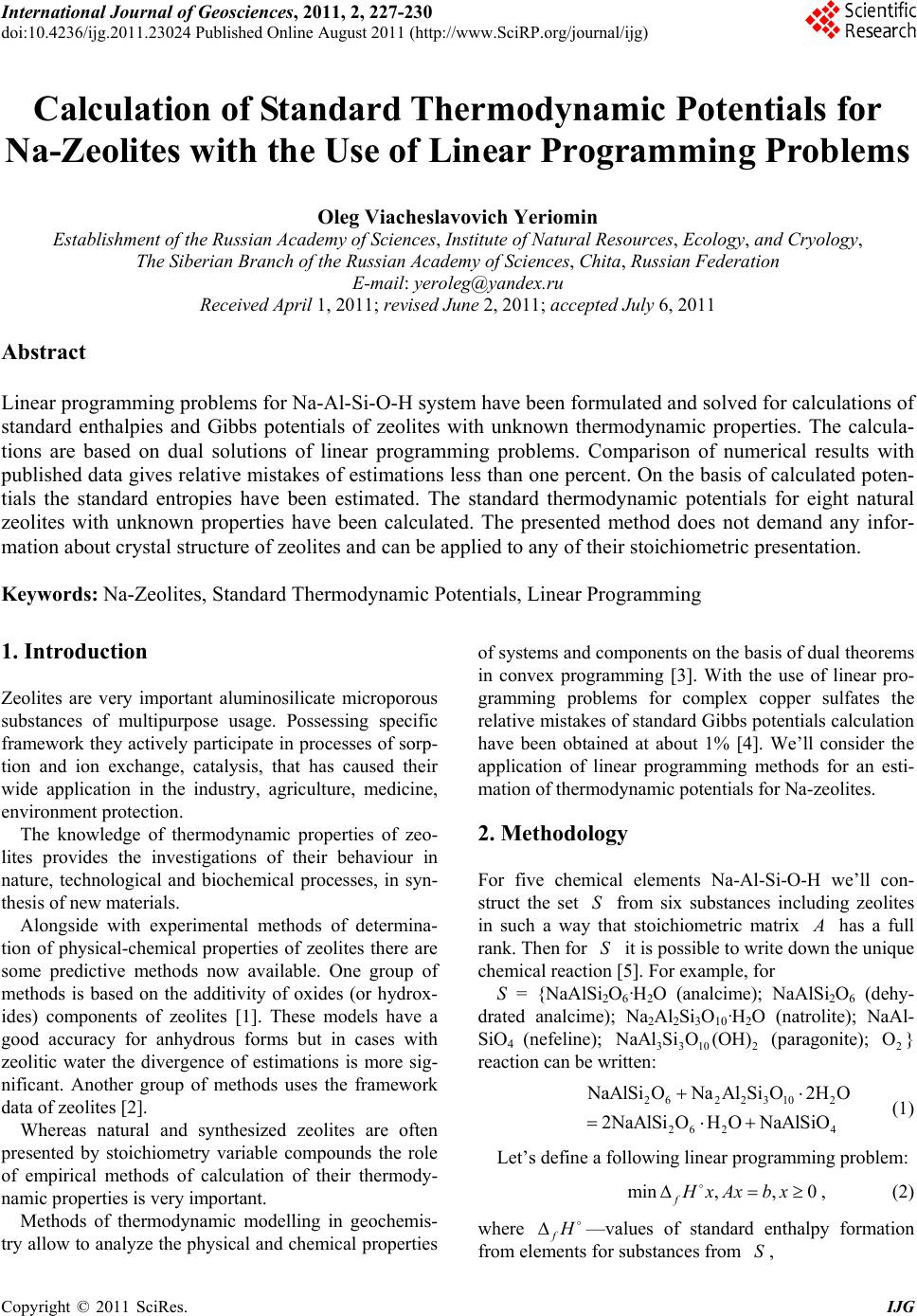 Calculation of Standard Thermodynamic Potentials for Na-Zeolites with ...