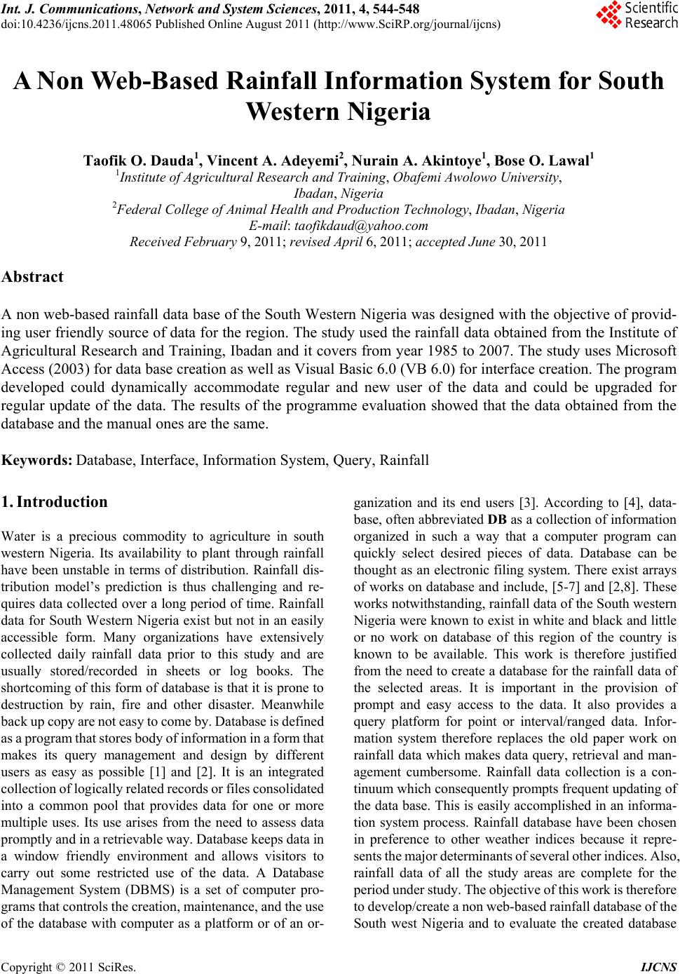 A Non Web–Based Rainfall Information System for South Western Nigeria