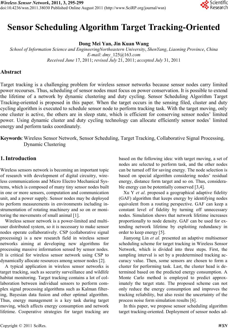 Sensor Scheduling Algorithm Target Tracking Oriented