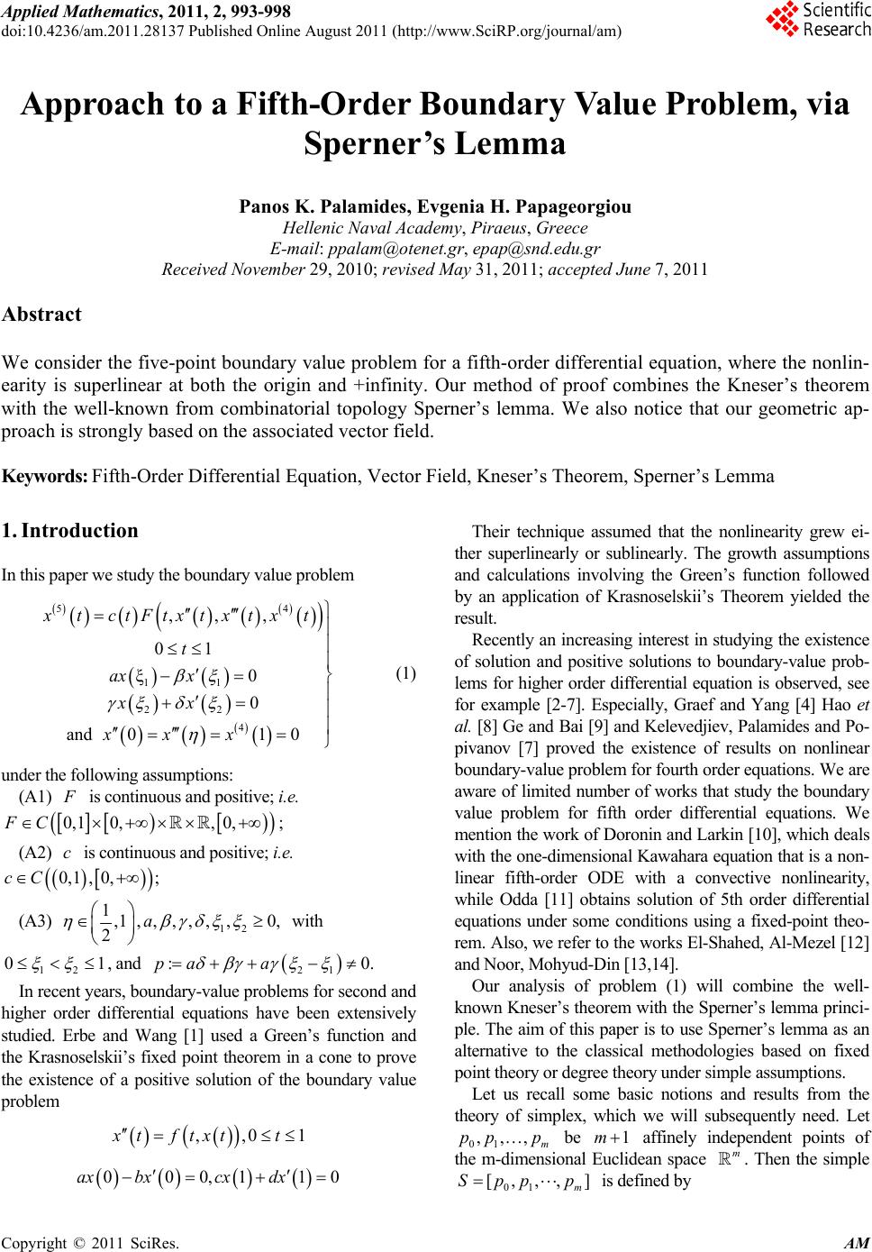 Approach to a Fifth-Order Boundary Value Problem, via Sperner's Lemma