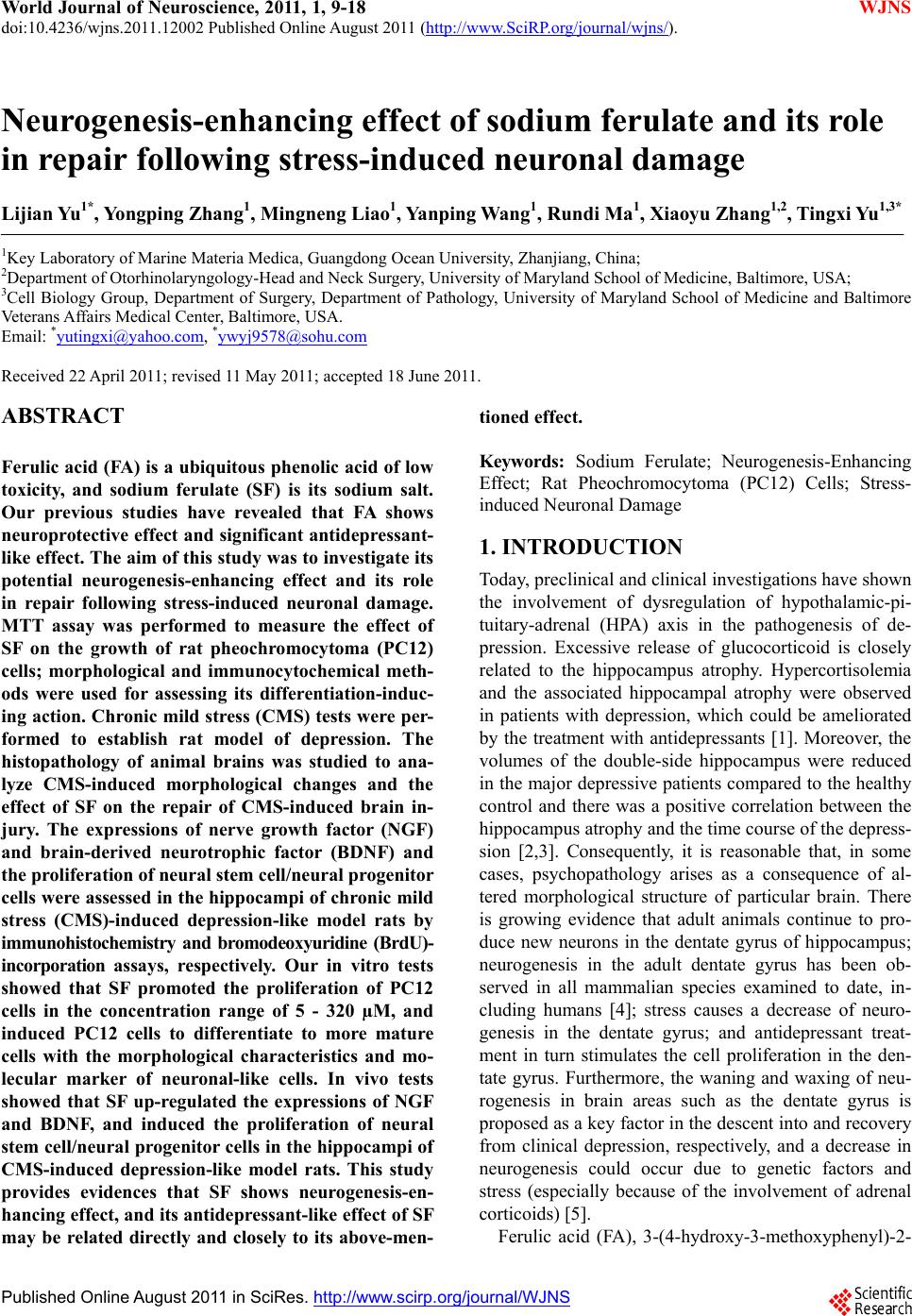 Neurogenesis-enhancing effect of sodium ferulate and its role in repair ...