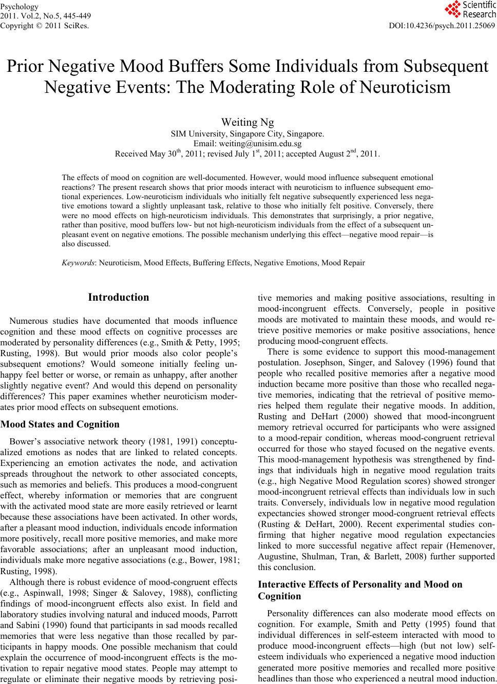 Prior Negative Mood Buffers Some Individuals from Subsequent Negative ...