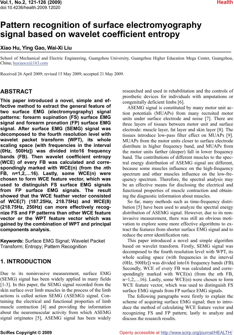 Pattern recognition of surface electromyography signal based on wavelet coefficient entropy