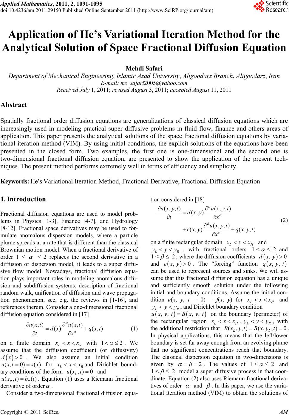 Application Of He S Variational Iteration Method For The Analytical Solution Of Space Fractional
