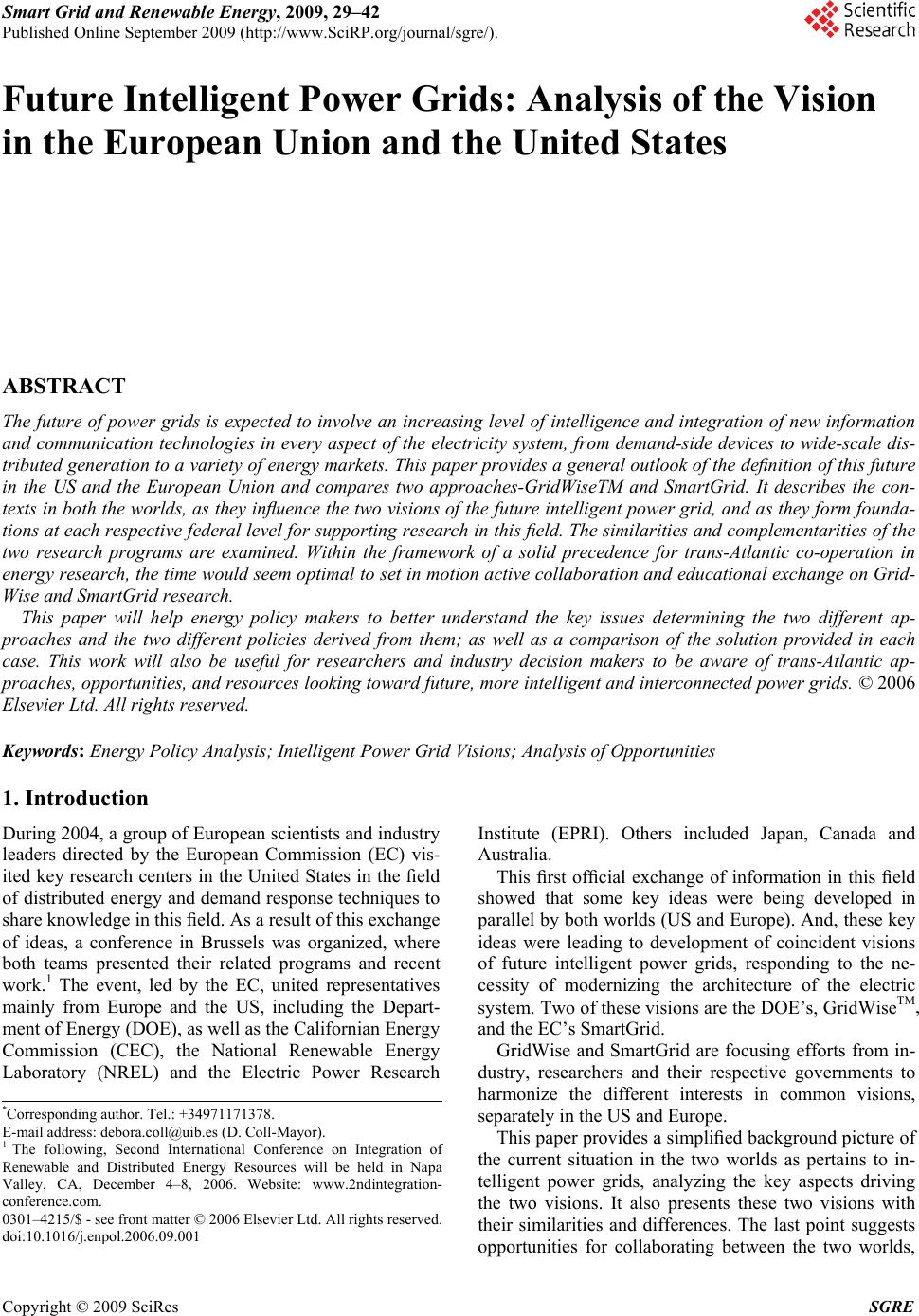 Future Intelligent Power Grids: Analysis of the Vision in the European ...