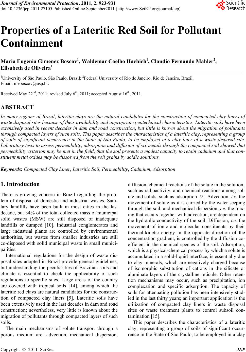 Properties of a Lateritic Red Soil for Pollutant Containment