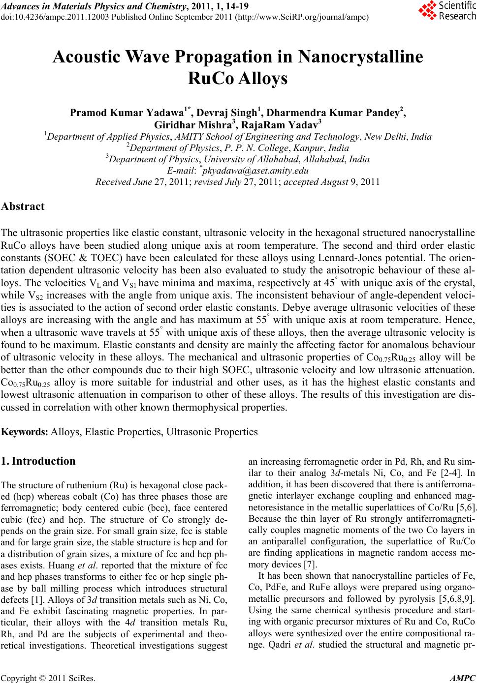 Acoustic Wave Propagation in Nanocrystalline RuCo Alloys