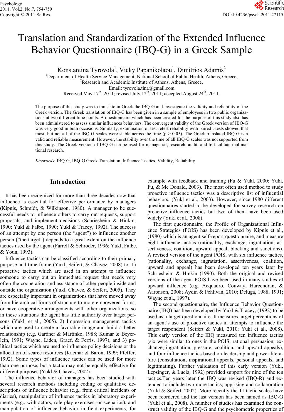 Translation and Standardization of the Extended Influence Behavior ...