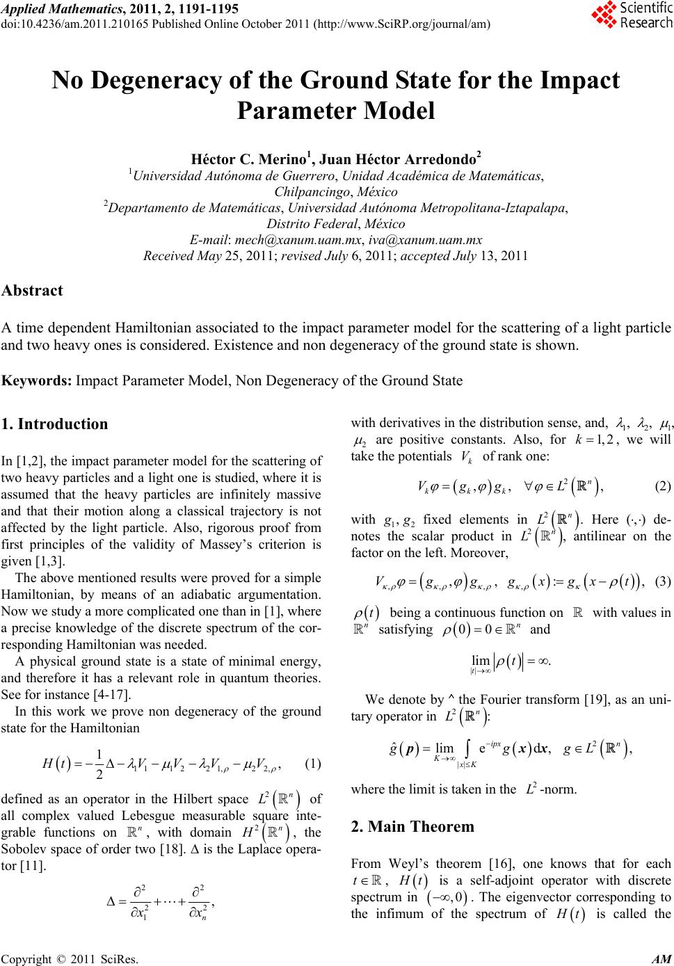 No Degeneracy of the Ground State for the Impact Parameter Model