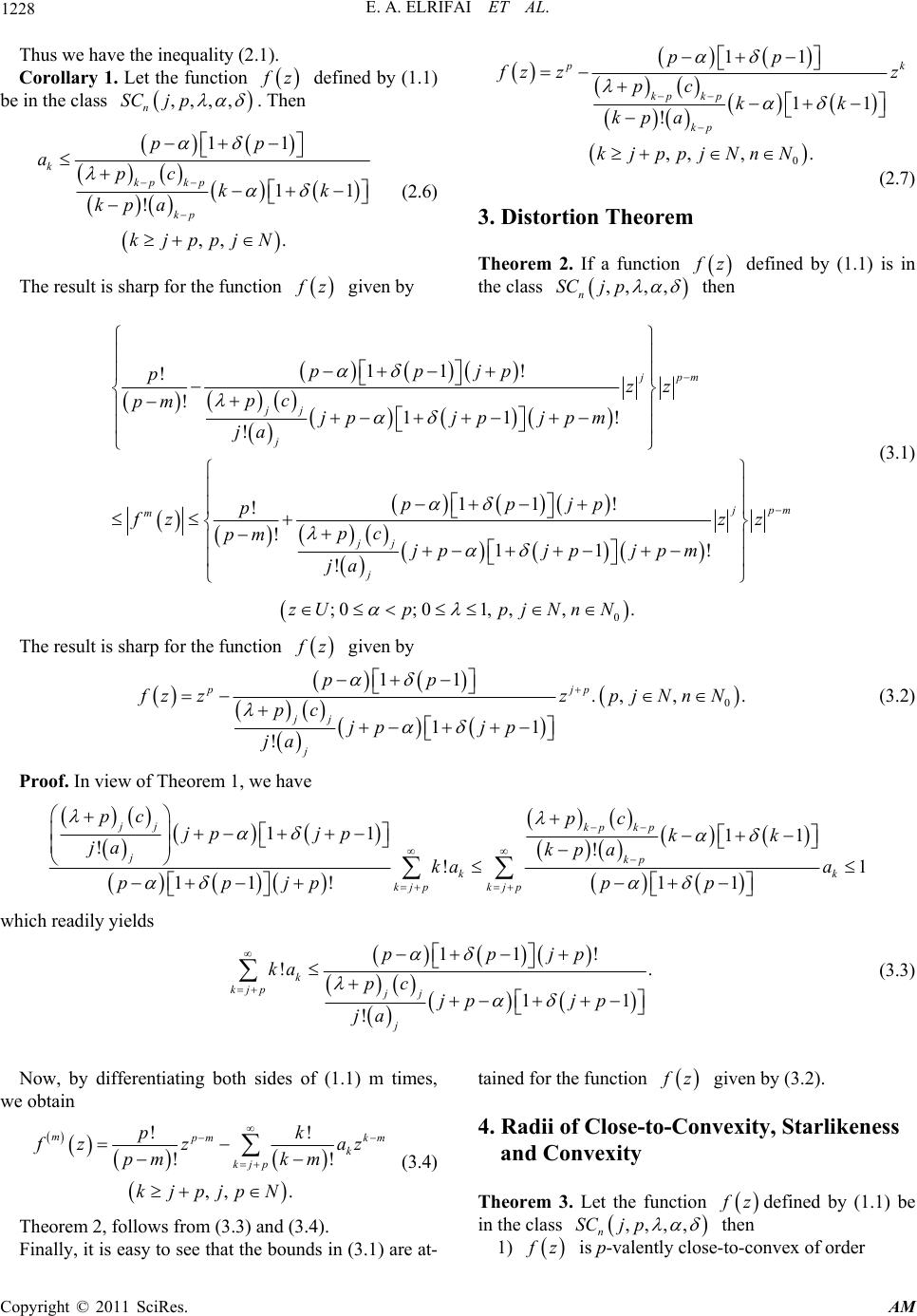 Generalization Of Certain Subclasses Of Multivalent Functions With Negative Coefficients Defined