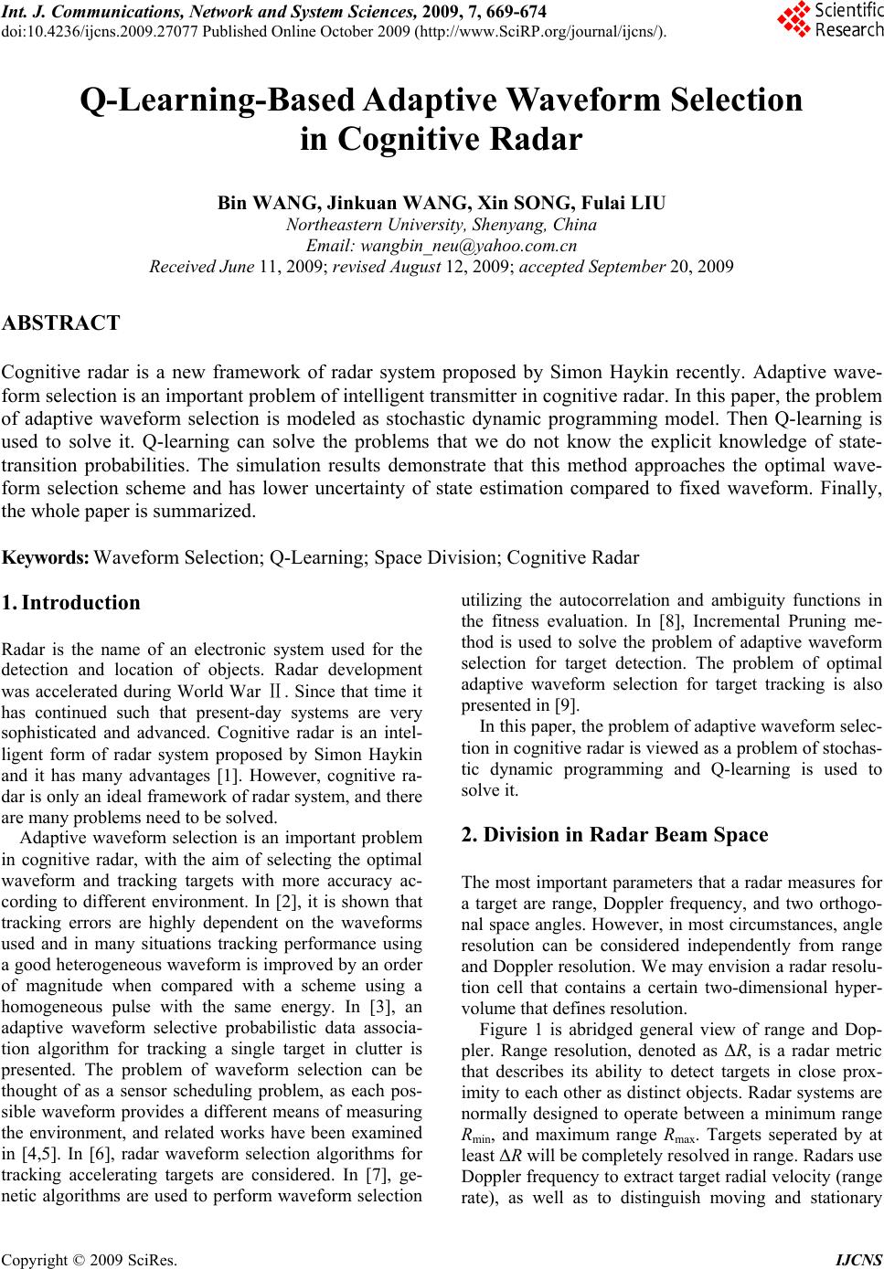 Q-Learning-Based Adaptive Waveform Selection in Cognitive Radar