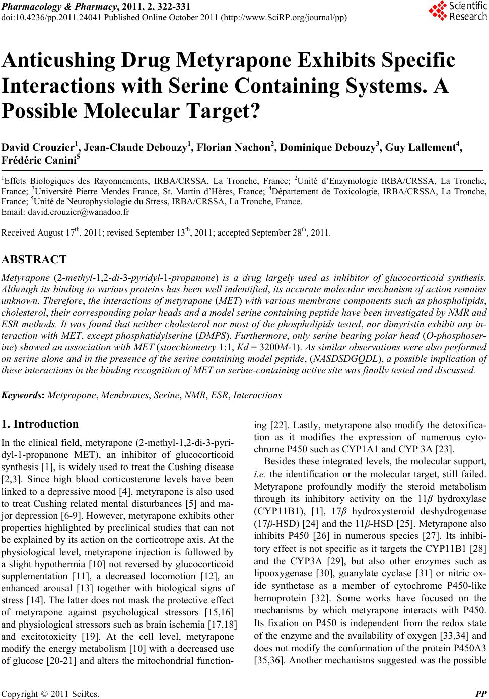Anticushing Drug Metyrapone Exhibits Specific Interactions with Serine ...