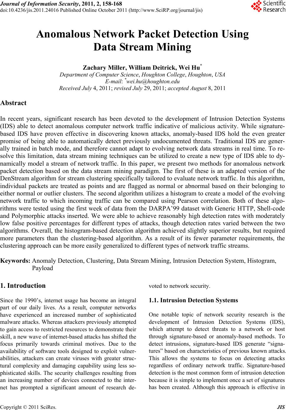 Anomalous Network Packet Detection Using Data Stream Mining