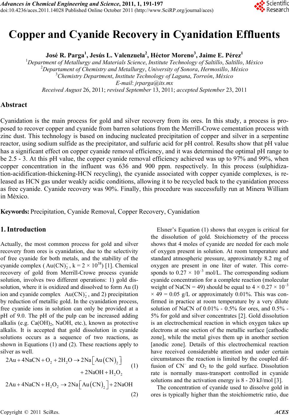 Copper and Cyanide Recovery in Cyanidation Effluents