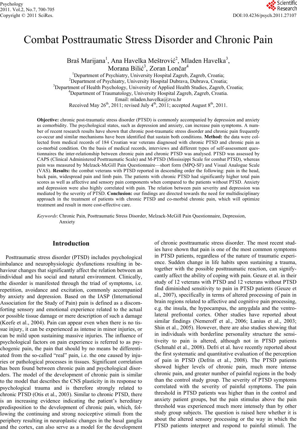 Combat Posttraumatic Stress Disorder and Chronic Pain