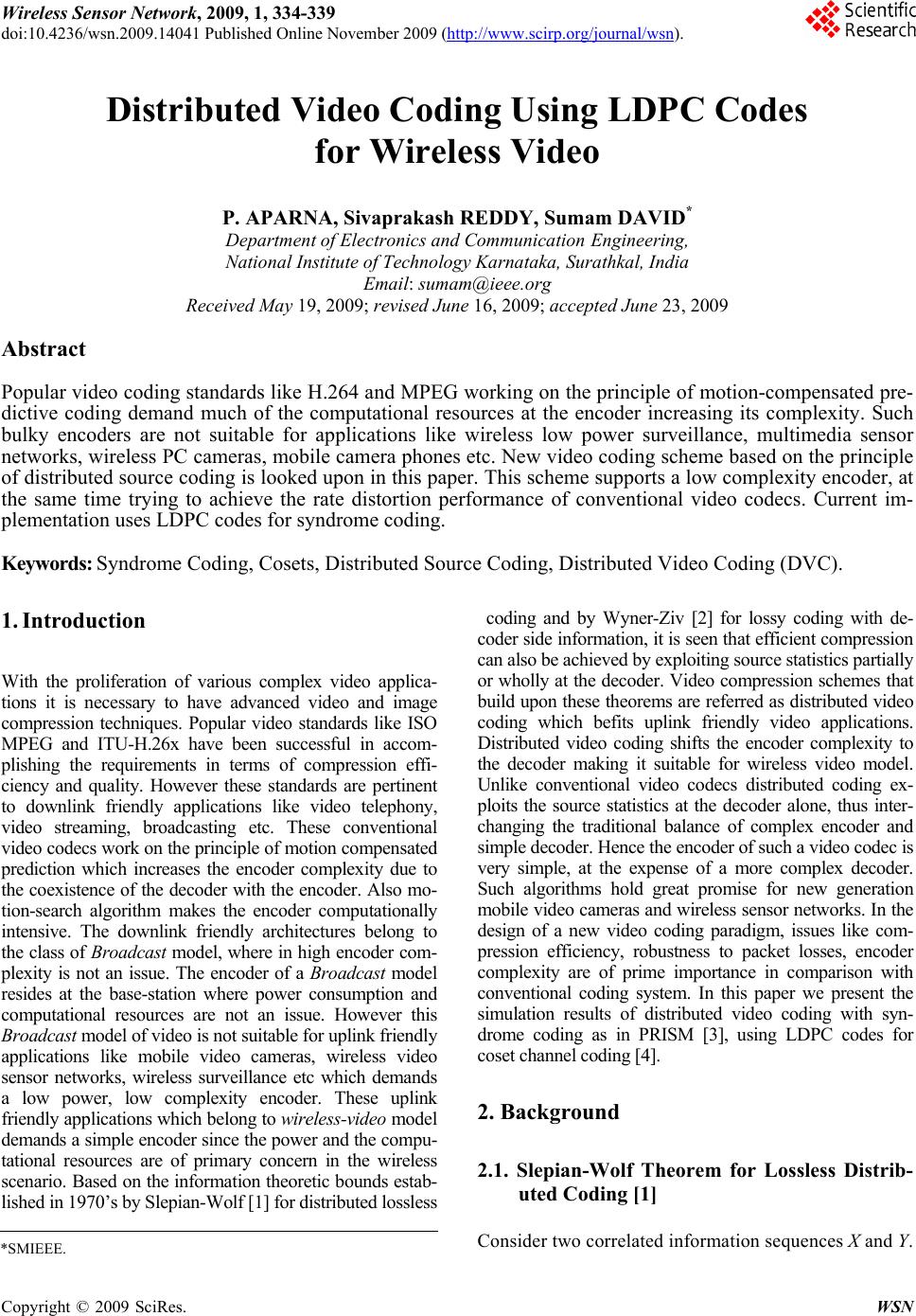 Distributed Video Coding Using LDPC Codes for Wireless Video