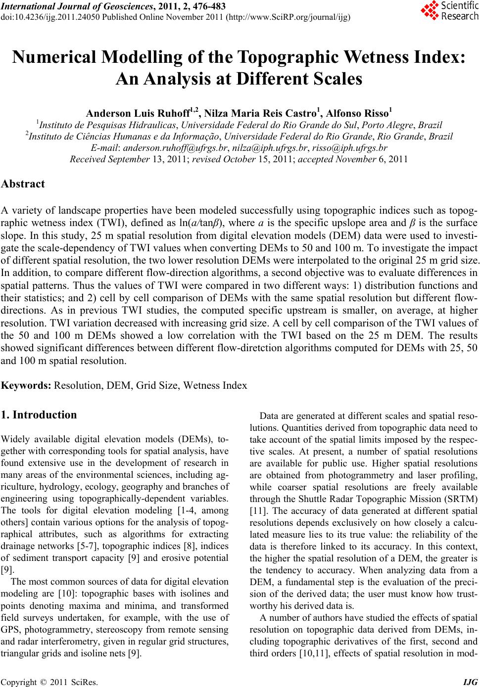 Numerical Modelling of the Topographic Wetness Index: An Analysis at Different Scales