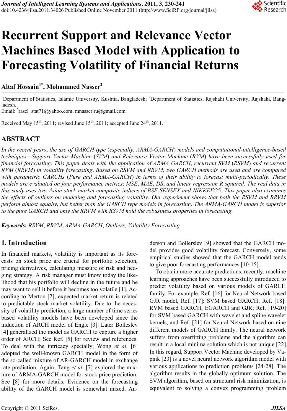 Recurrent Support and Relevance Vector Machines Based Model with Application to Forecasting ...