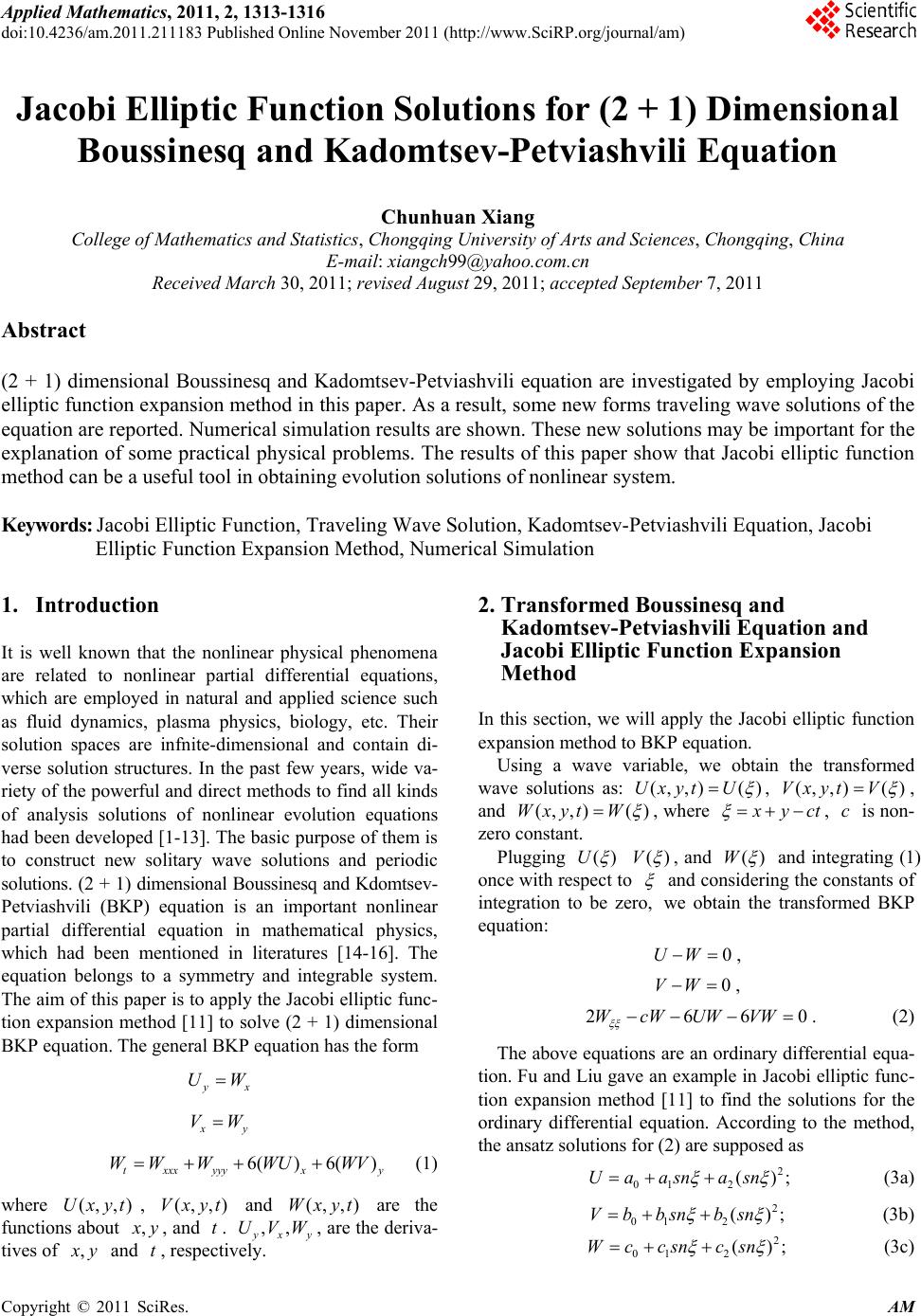 Jacobi Elliptic Function Solutions for (2 + 1) Dimensional Boussinesq and Kadomtsev-Petviashvili ...