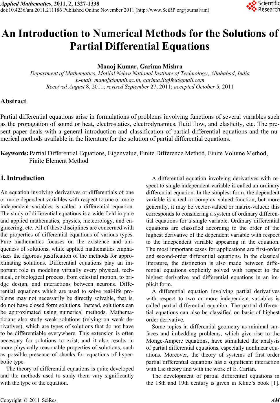 An Introduction To Numerical Methods For The Solutions Of Partial 
