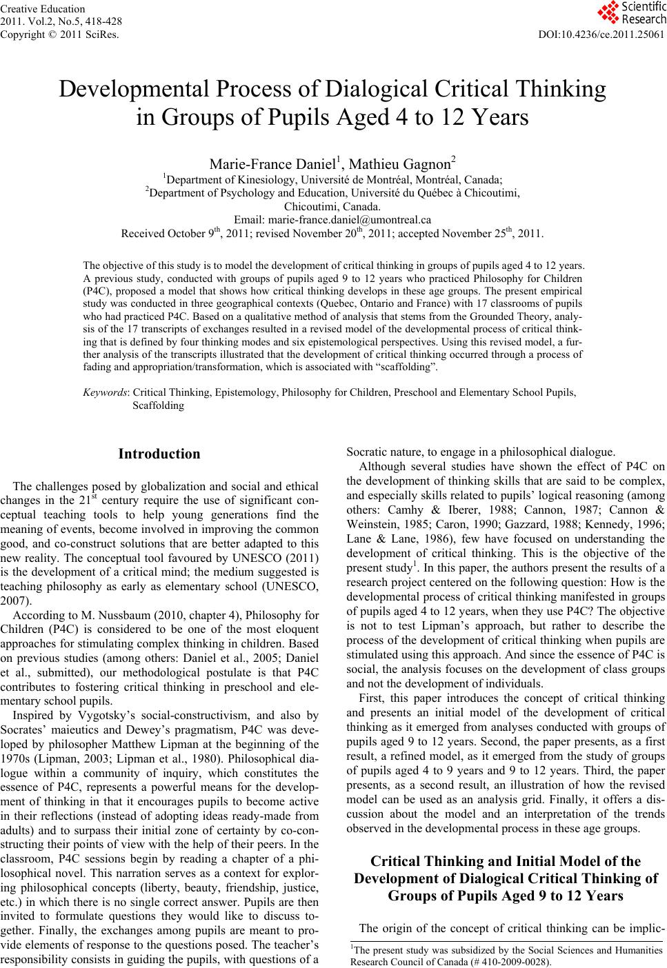 Developmental Process of Dialogical Critical Thinking in Groups of ...
