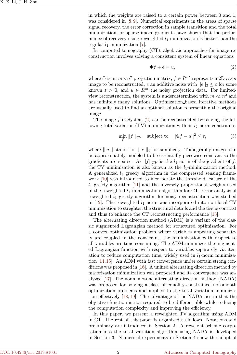 A Reweighted Total Variation Algorithm with the Alternating Direction Method for Computed Tomography
