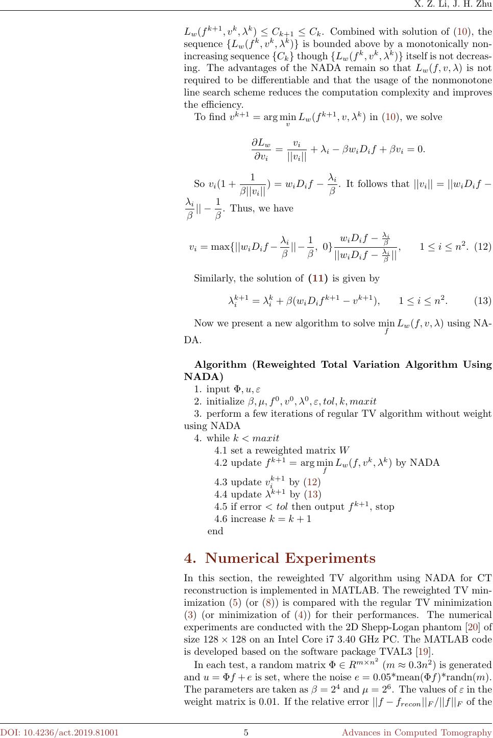 A Reweighted Total Variation Algorithm with the Alternating Direction Method for Computed Tomography