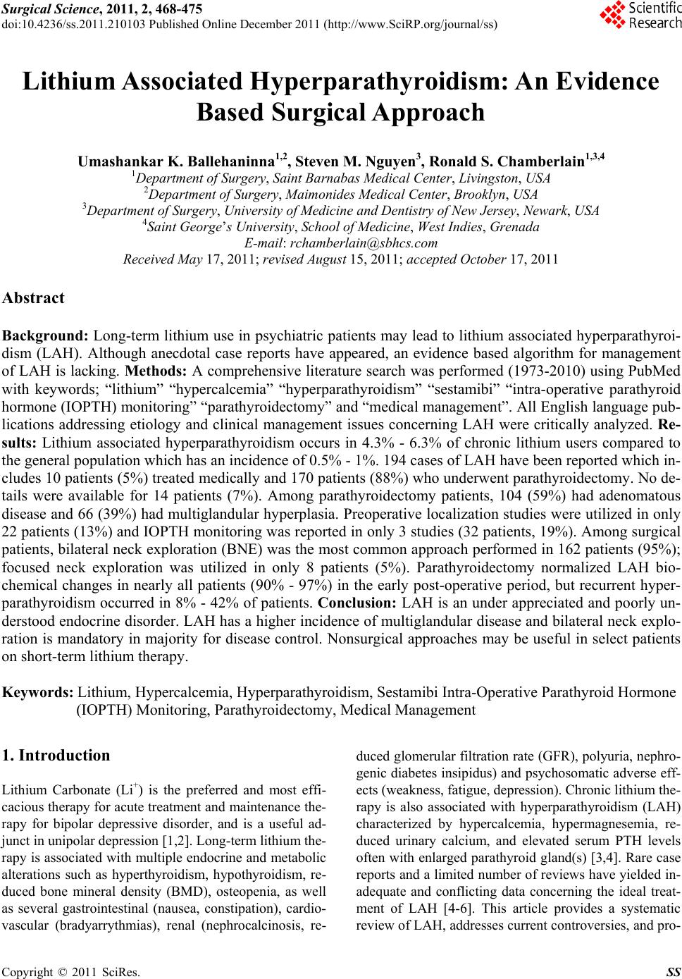 Lithium Associated Hyperparathyroidism: An Evidence Based Surgical Approach